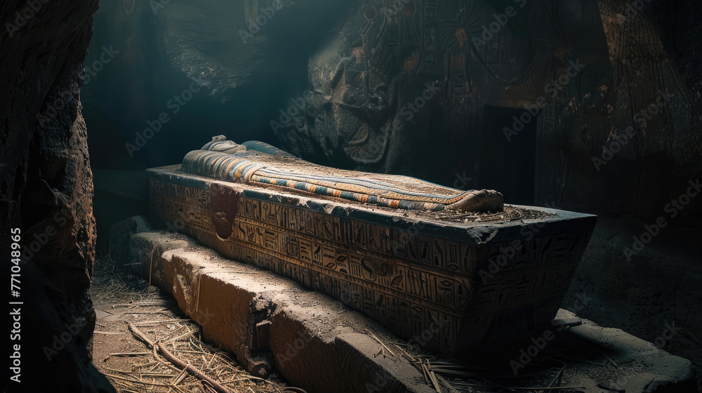 Inside dark tomb in Egypt, stone Ancient Egyptian sarcophagus in ...
