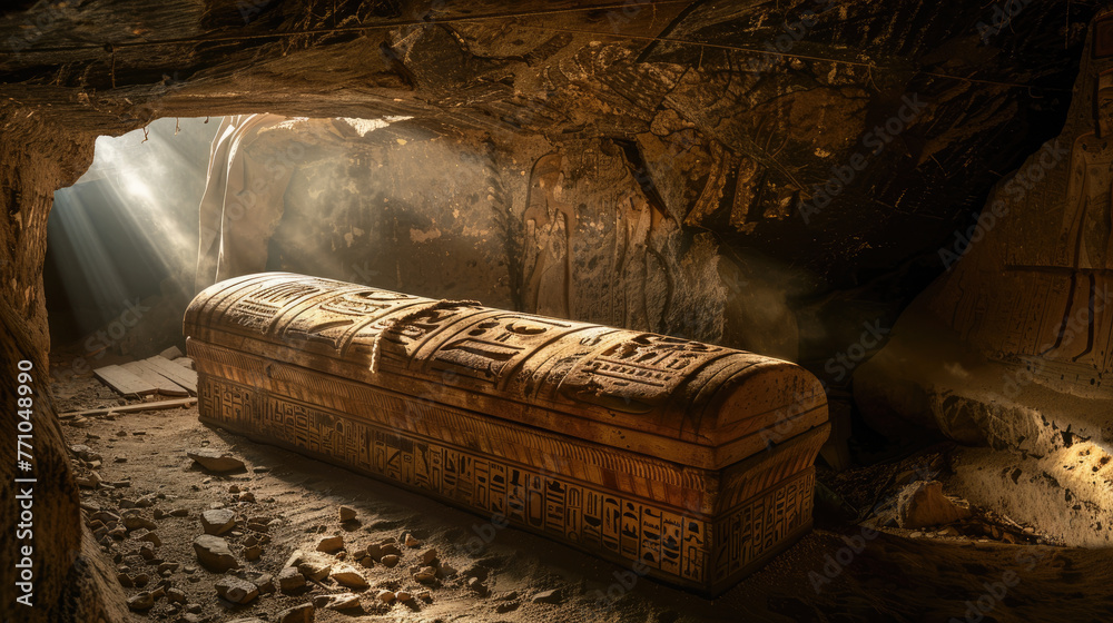 Inside old tomb in Egypt, stone Ancient Egyptian sarcophagus in dark ...