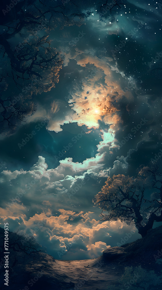 Ilustración de Stock Dreamlike depiction of a night sky with clouds ...