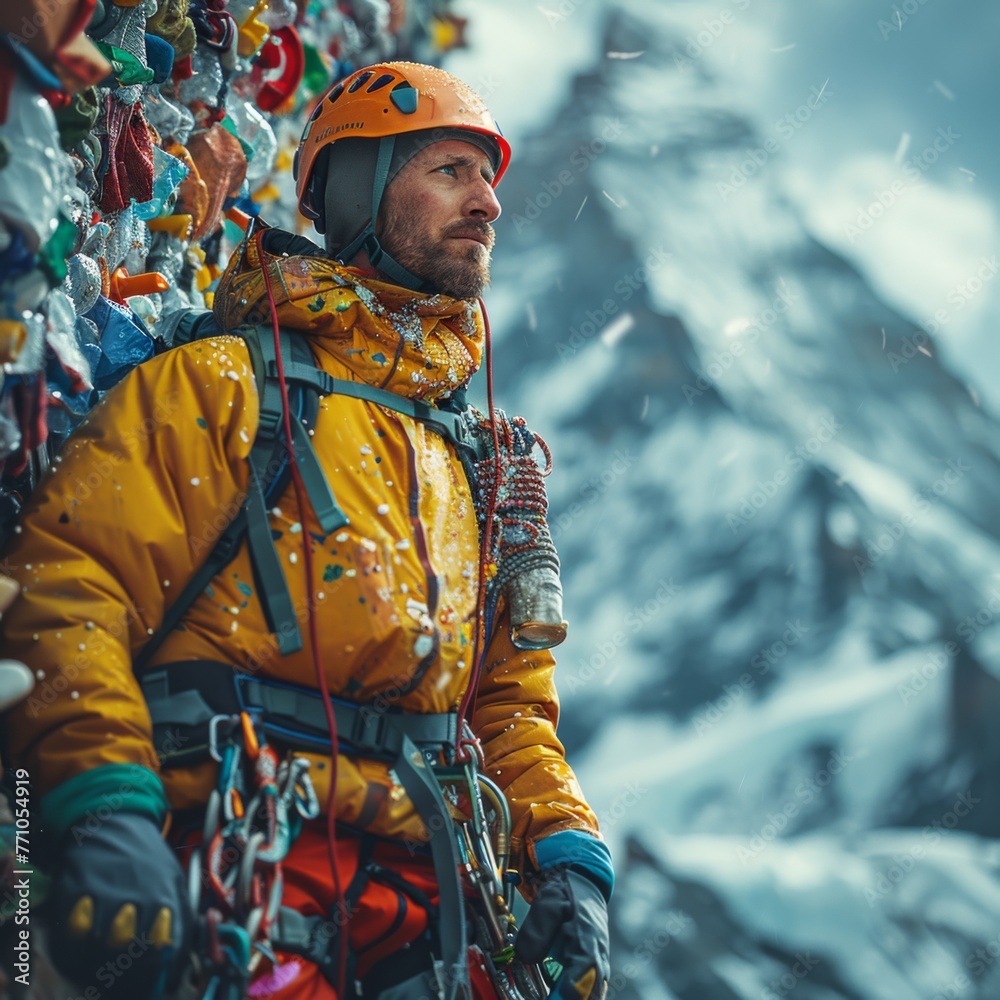 Cinema feel of alpinist wearing yellow and red climbing mount everest ...