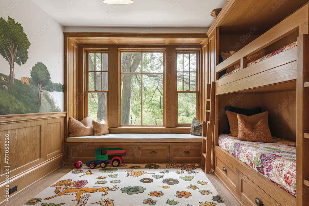 Traditional Kids' Room with Bay Window and Built-In Bunk Beds. Classic ...