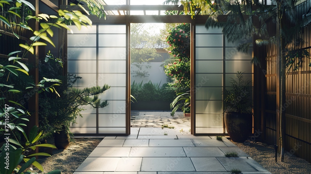 A main gate with a translucent panel featuring frosted glass or acrylic ...