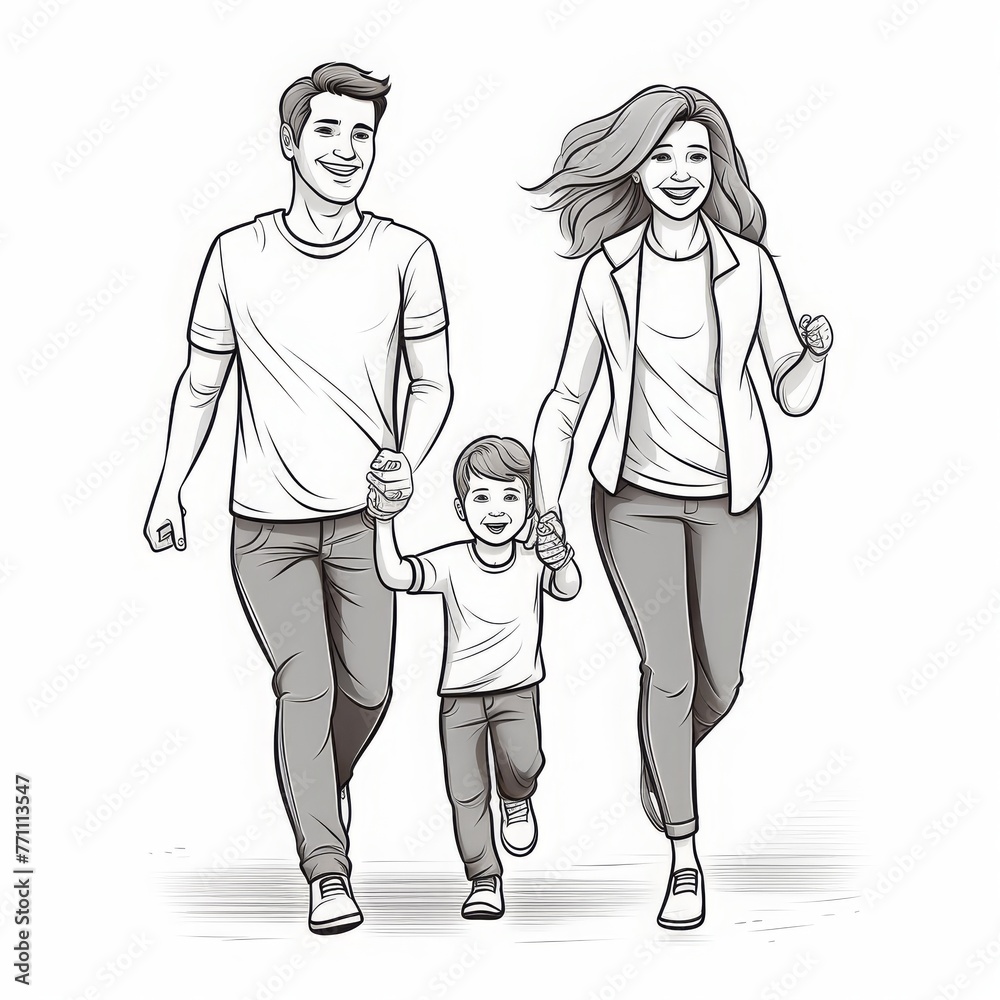 small family walking illustration of a child being held by his parents ...