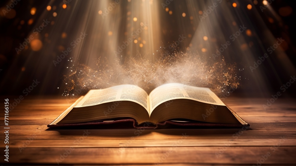 An enchanting open book on a rustic wooden table with illuminated rays of light radiating from ...