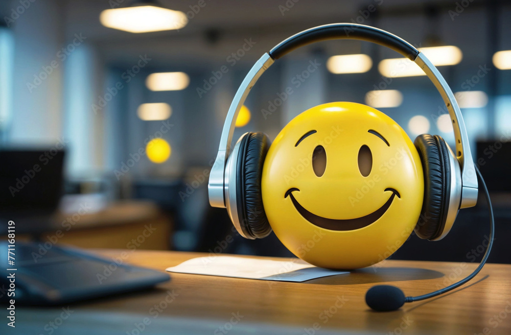 A smiley face emoji wearing headphones on a desk in front of a laptop ...