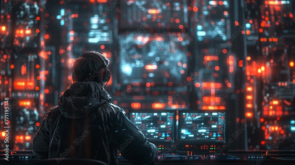 Enshrouded hacker with glowing screens of endless data Stock ...