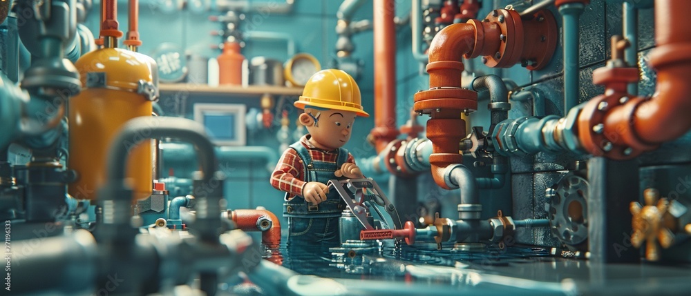 3D model of a plumber at work, water pipes and tools highlighted ...