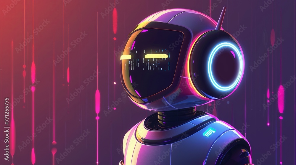 Bright robot processing voice commands, digital sound waves, friendly ...