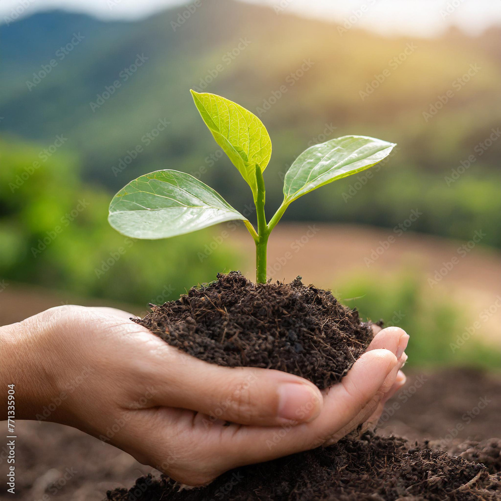 hold young tree ready to grow in fertile soil, prepare for plant and ...