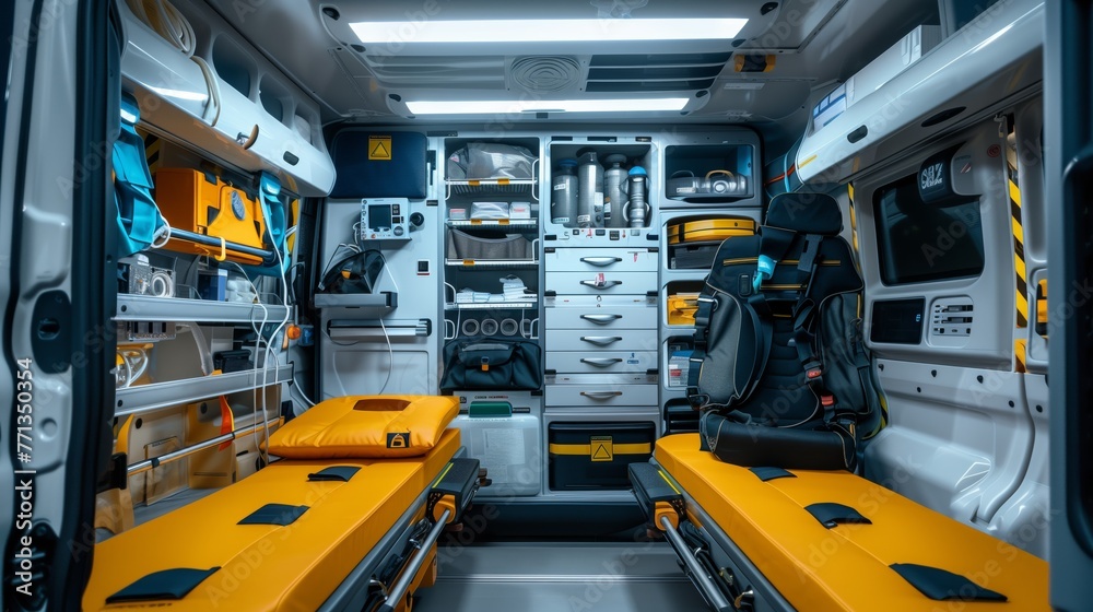 Interior of a Fully Equipped Ambulance. Interior view of an ambulance ...