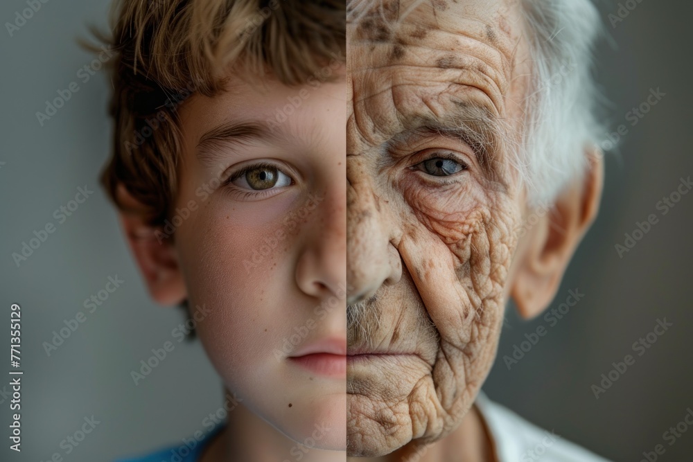 Aging concept with face in split view half of a young boy and the other ...