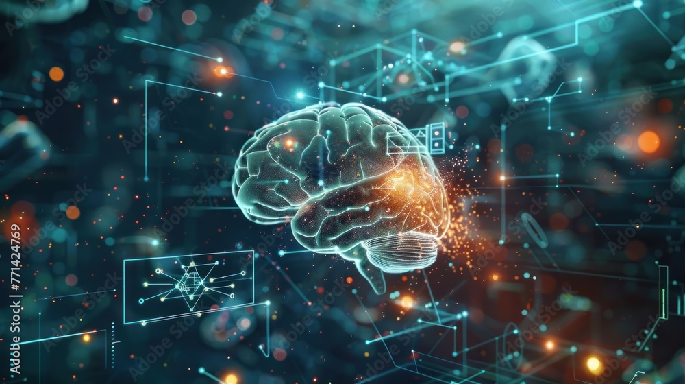 Abstract blue colored neuron cells in the brain on a blurry and ...