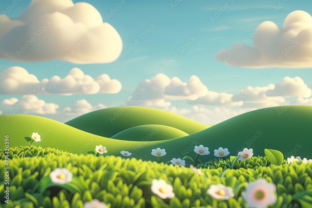 3d realistic cartoon green hills with white clouds on blue sky ...