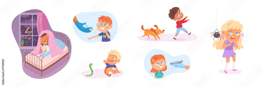 Kids fears vector illustration set. Children afraid. Scared boys and ... Kids fears vector illustration set. Children afraid. Scared boys and ...