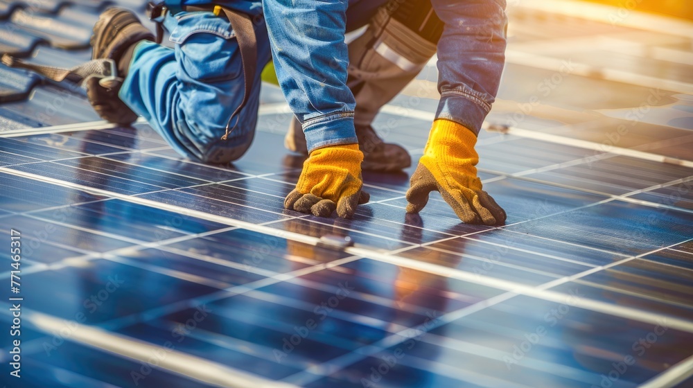 Technician installing solar panels on a roof, setting up photovoltaic ...