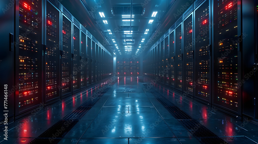 Modern Data Technology Center Server Racks In Dark Room With Vfx Visualization Concept Of