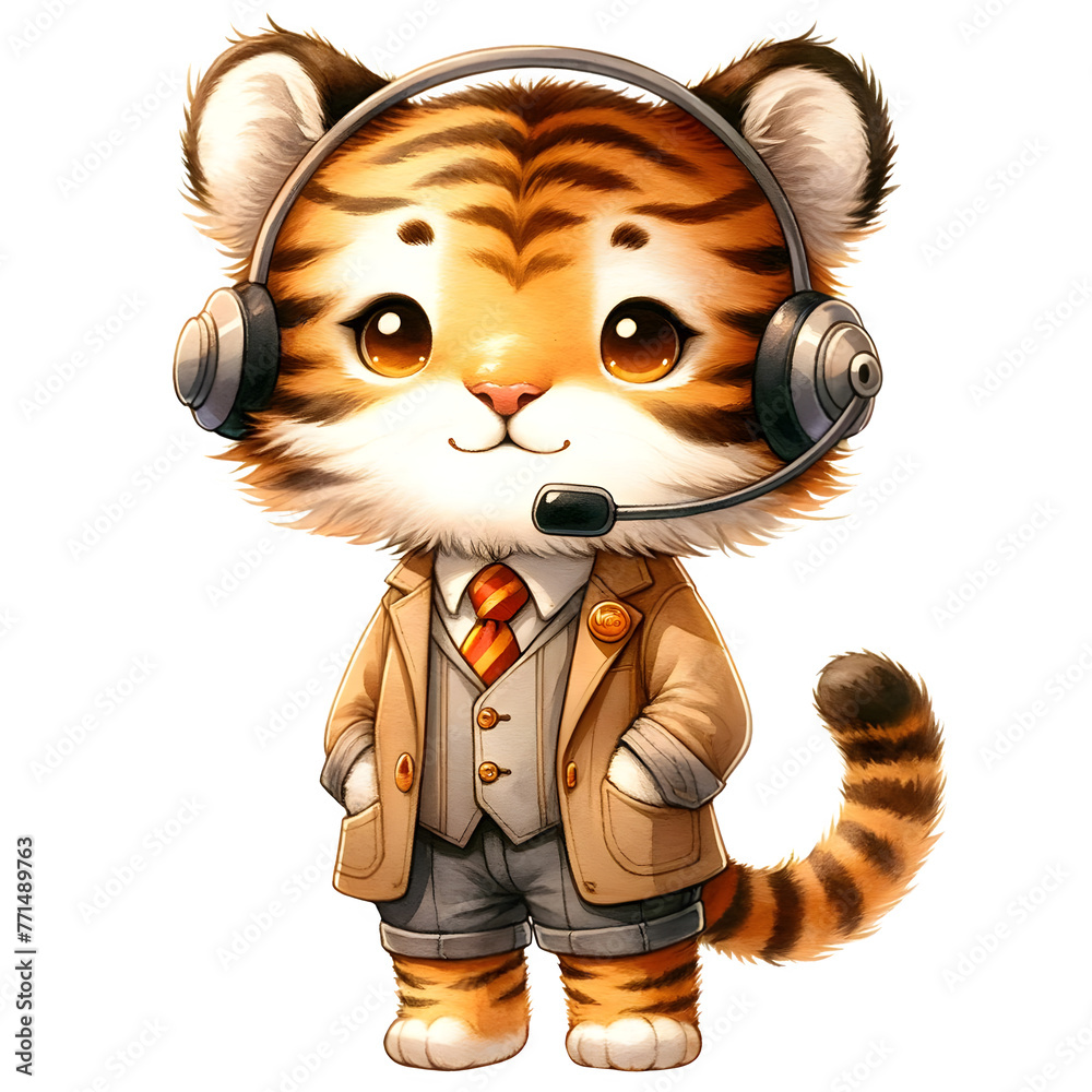Cute watercolor animal character is wearing a headphone as a call ...