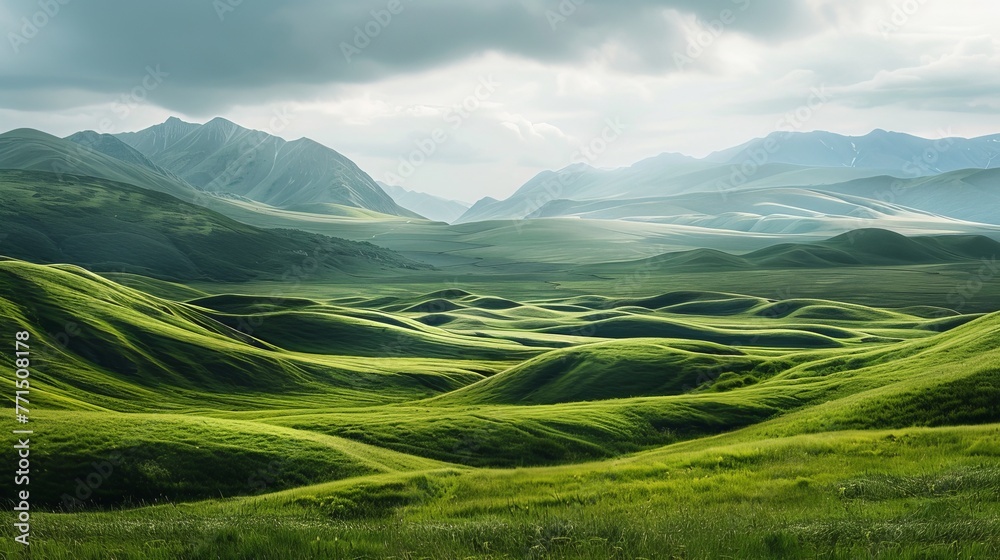 an impressive wide landscape with clouds, green gras, mountains, land ...