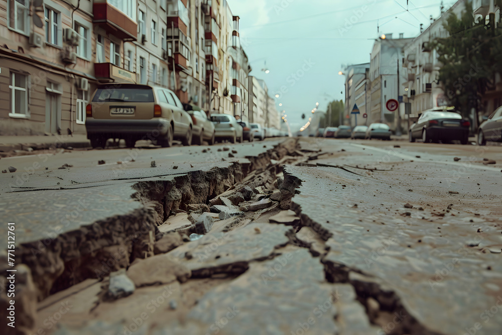 City Street After Earthquake with Ground Crack. An urban earthquake ...