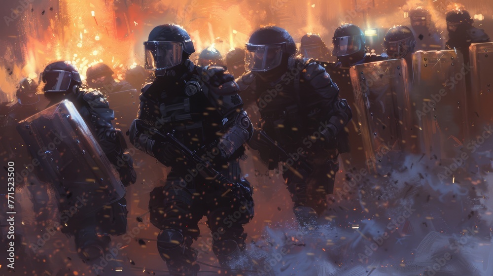 Illustration Stock Concept art of phalanx of police in riot gear ...
