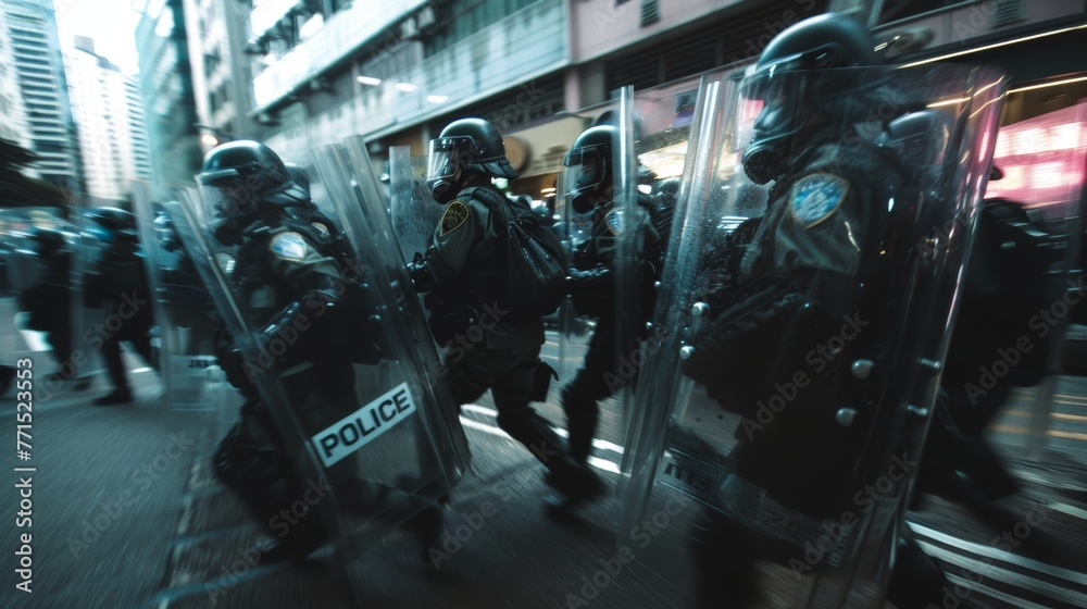 Concept art of phalanx of police in riot gear advances methodically ...