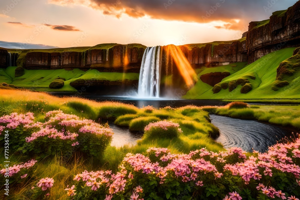 The breathtaking scenery of Iceland at sunset. The waterfall and the ...