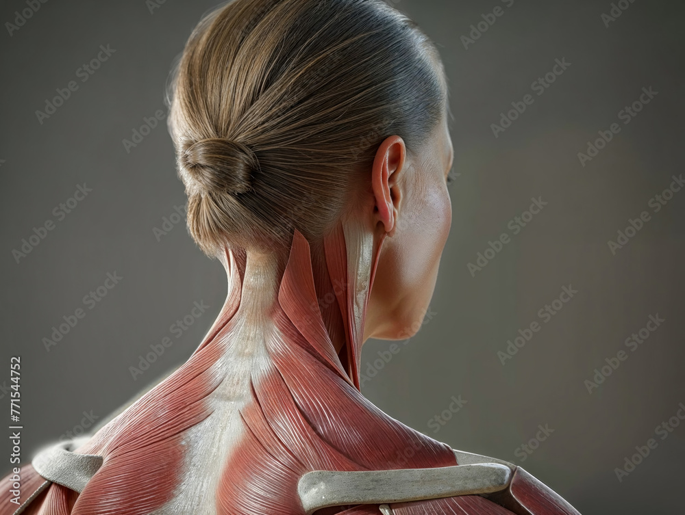 Back of Neck and Shoulders muscles anatomy of a of a woman on a gray ...
