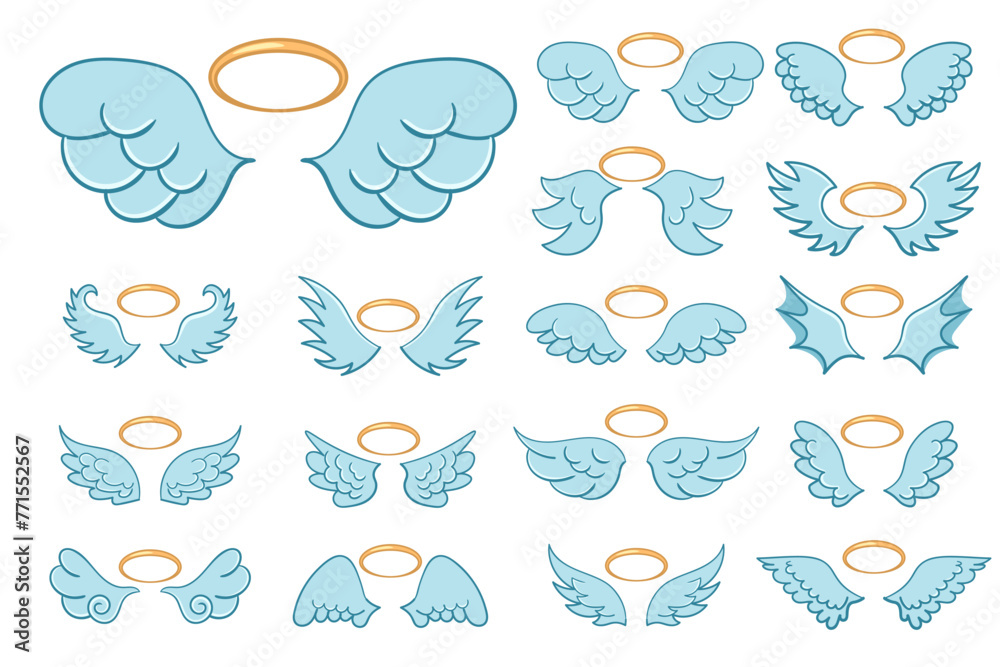 Angel winged glory halo cute cartoon drawings isolated on white ...