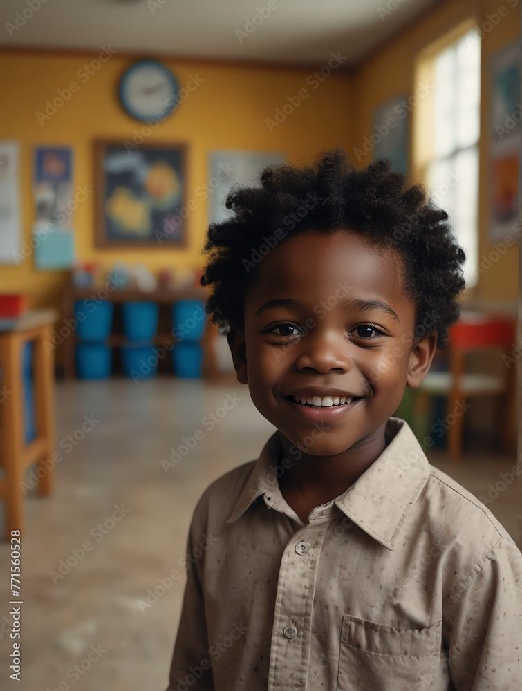 Portrait black african child kid boy student playing kindergarten ...