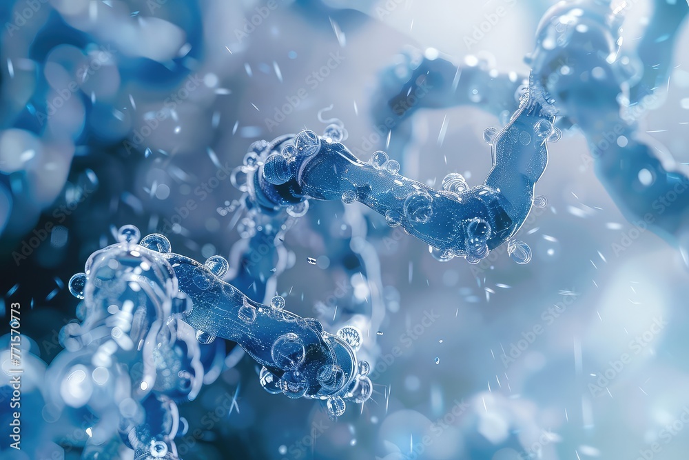 A translucent DNA helix is surrounded by water molecules, highlighting ...