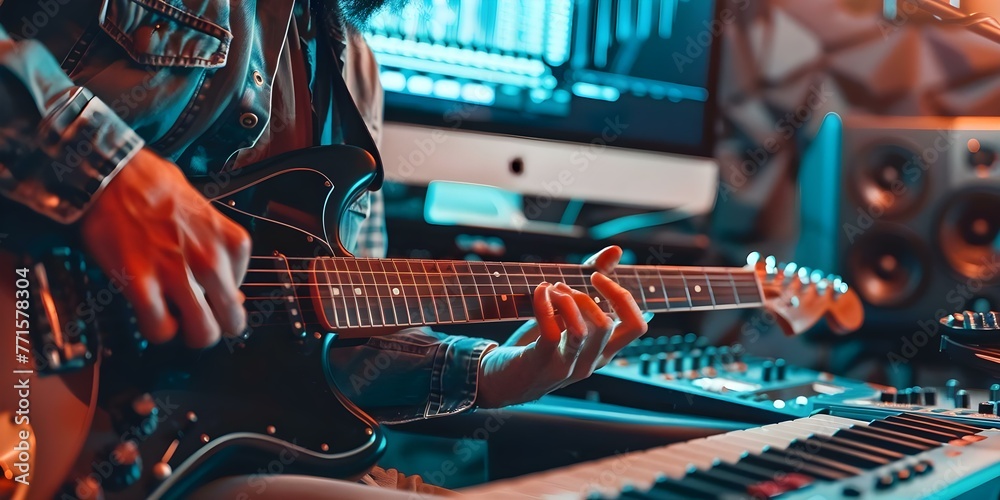 Artist recording guitar song with digital audio workstation software ...