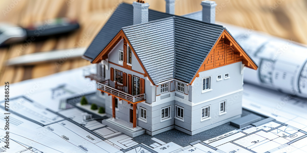 Model house on top of architectural plans and scissors for construction ...