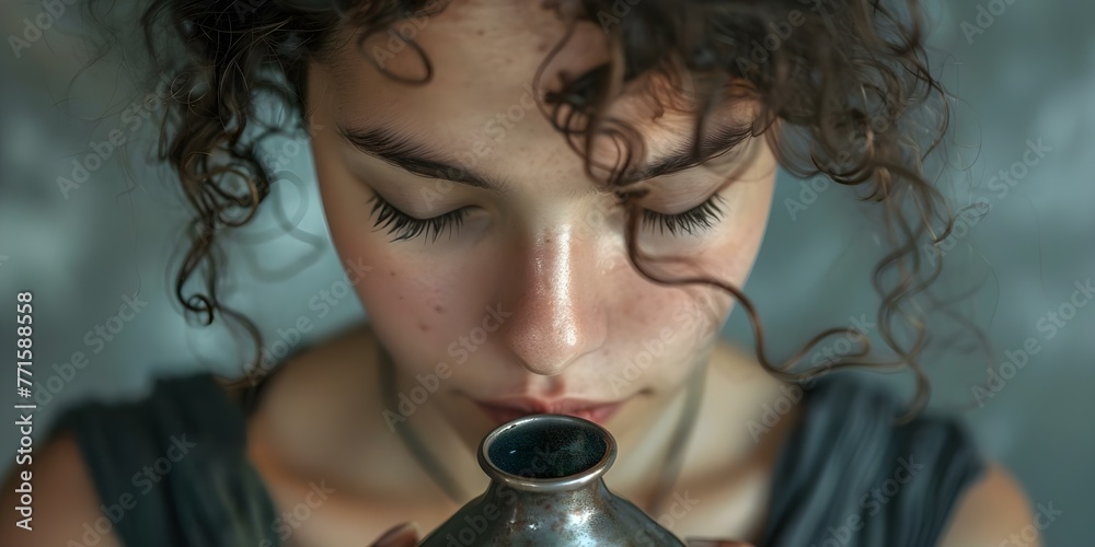 Young woman using a metal neti pot to clear her sinuses focusing on her ...