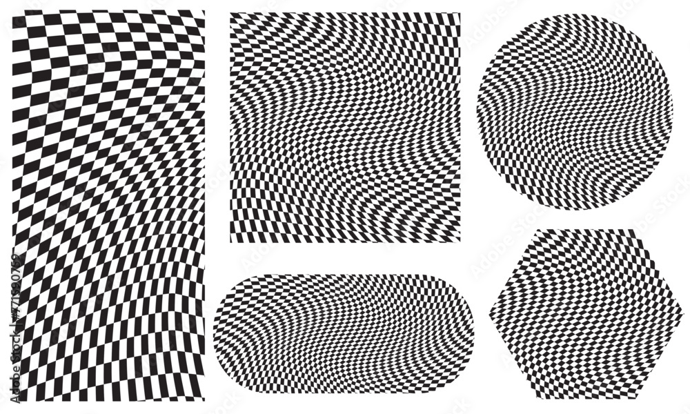 Distorted vector checkered seamless pattern. Groovy twisted grid. Psychedelic dynamic banner ...