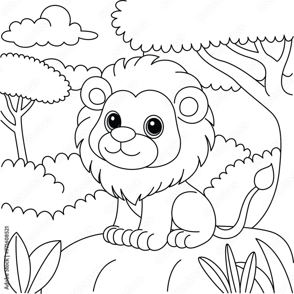 Cute kawaii lion cartoon character in the forest background coloring ...
