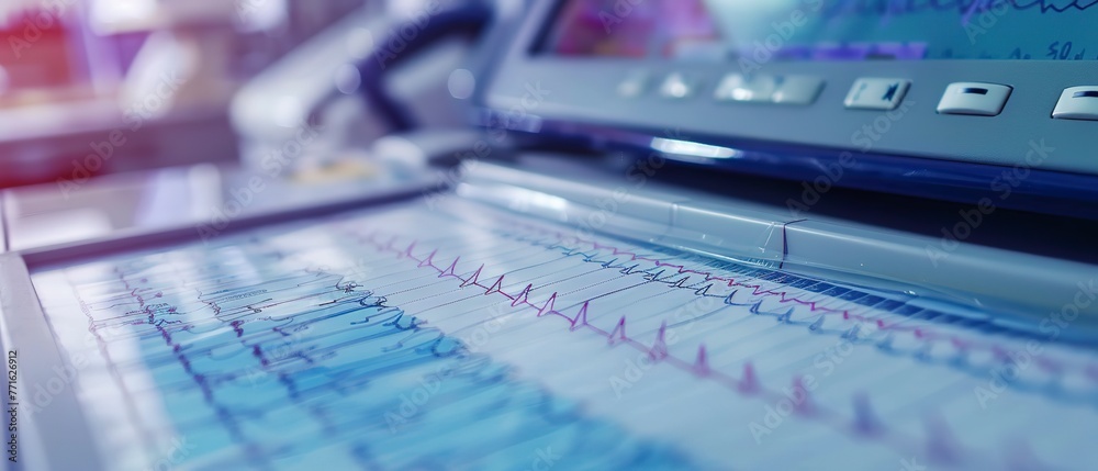 EKG machine printing heart rhythm, detailed capture, urgency in the air ...