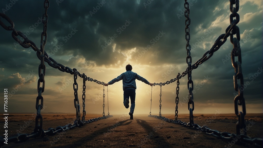 Breaking the Bonds: The Man Breaks His Chains and Finds Freedom Stock ...