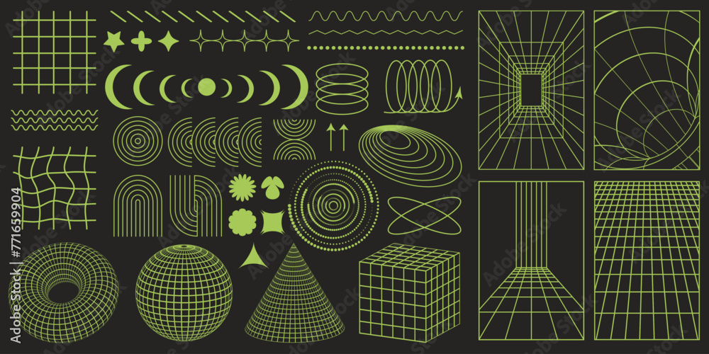 Rave psychedelic retro futuristic set. Surreal geometric shapes ...