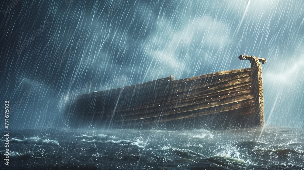 Noah's Ark amidst the pouring rain during the flood. A biblical story ...