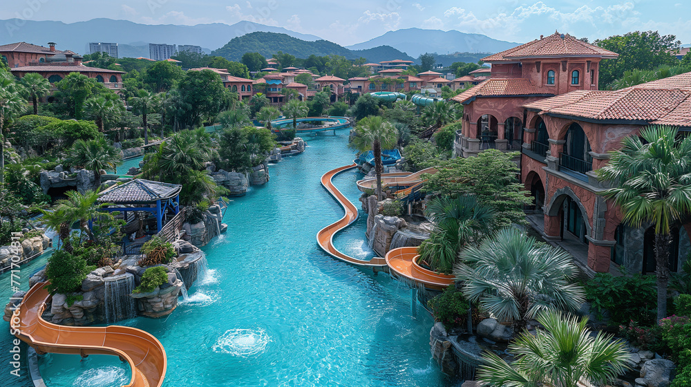 An aerial view of a sprawling aquapark resort with colorful water ...