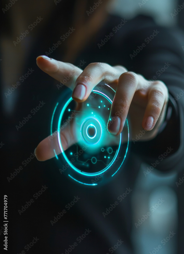 A person's fingertip is touching a luminous holographic display with concentric circles and ...