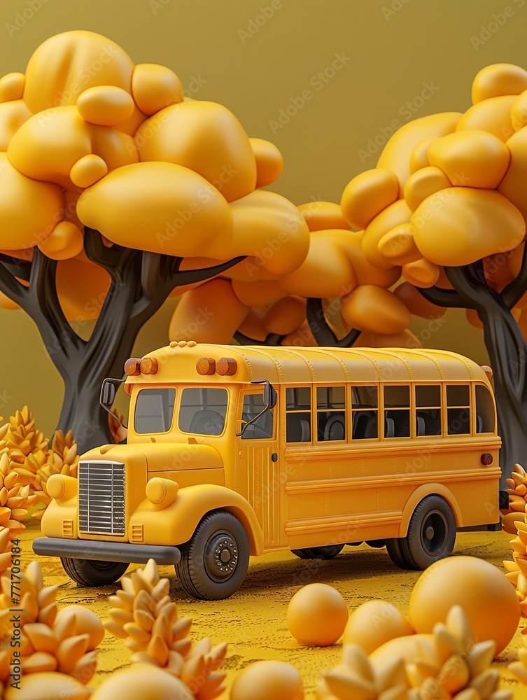 3D rendering in clay style of a school bus, iconic shape, solid ...
