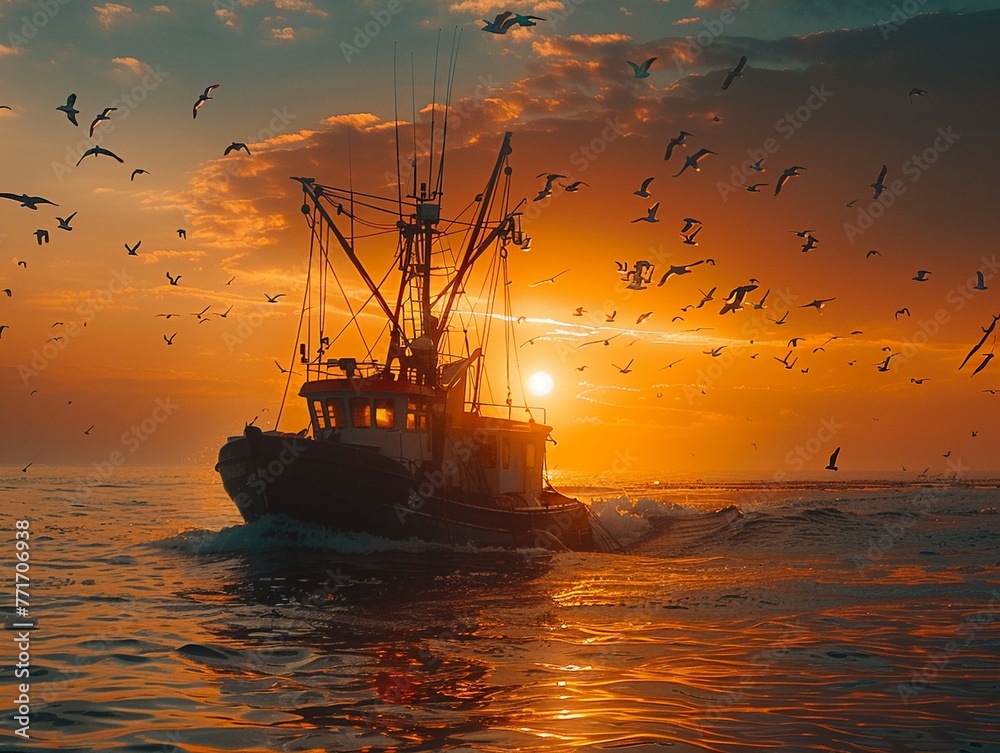Commercial fishing boat at dawn, wide view, harvest from the sea for a ...