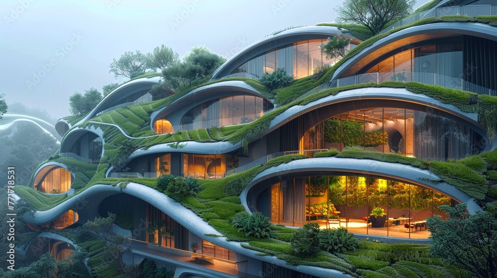 Biophilic design architecture with lush greenery. Curvilinear eco-friendly building enveloped in ...