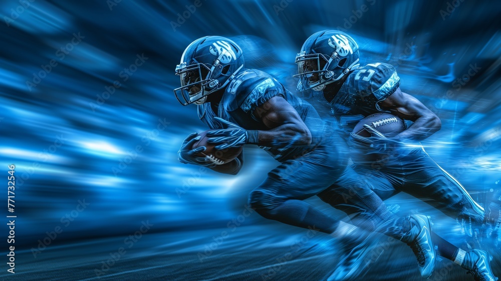 Football players in blue are streaked with motion, capturing the raw ...