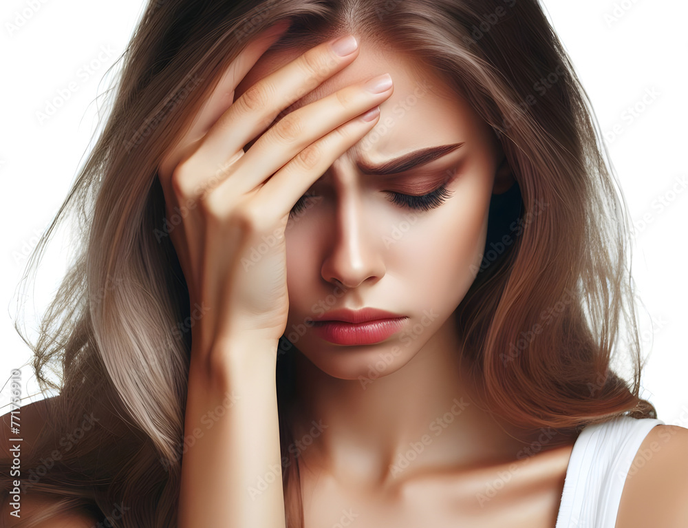 Attractive young white woman showing signs of worry and fear. Her head ...