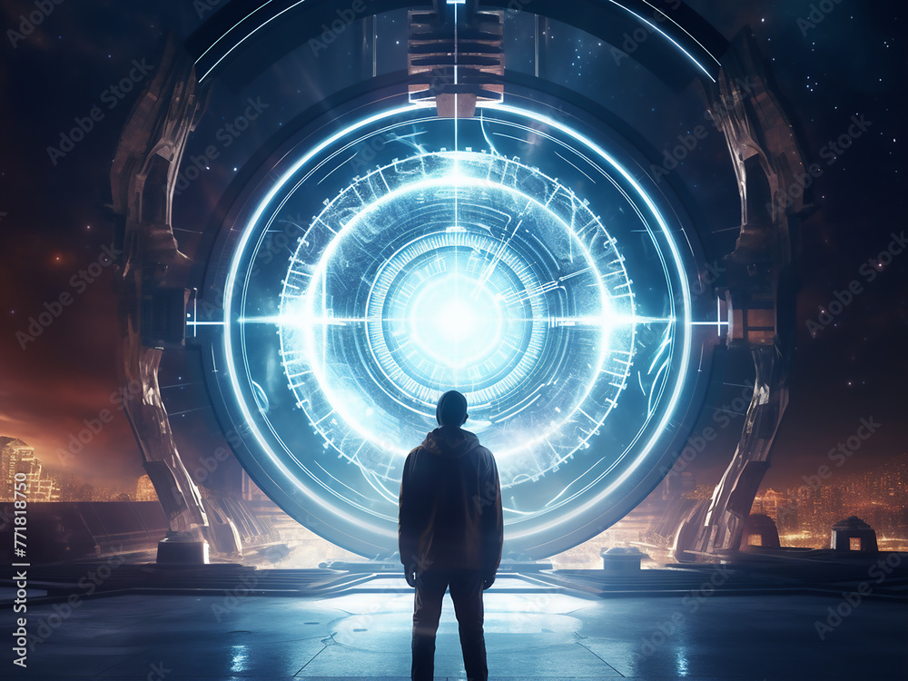 Envision a surreal sci-fi backdrop, where dotted lines denote the ...