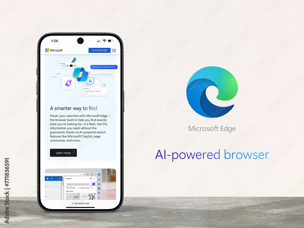 Microsoft Edge website is displayed on a modern smartphone, "AI - powered browser" slogan and ...