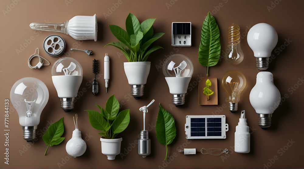 Flat lay conceptual photograph clean energy icons, light bulb, waste ...