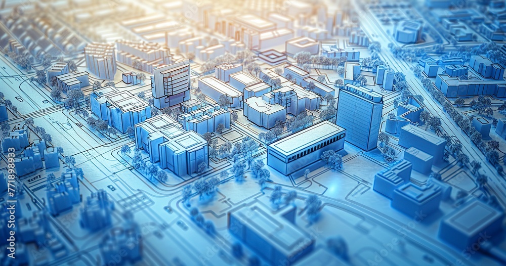 Drawing urban redevelopment plans, close view, twilight, wide angle ...
